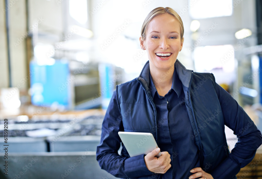 Tablet, happy and portrait of woman in factory for manufacturing ...