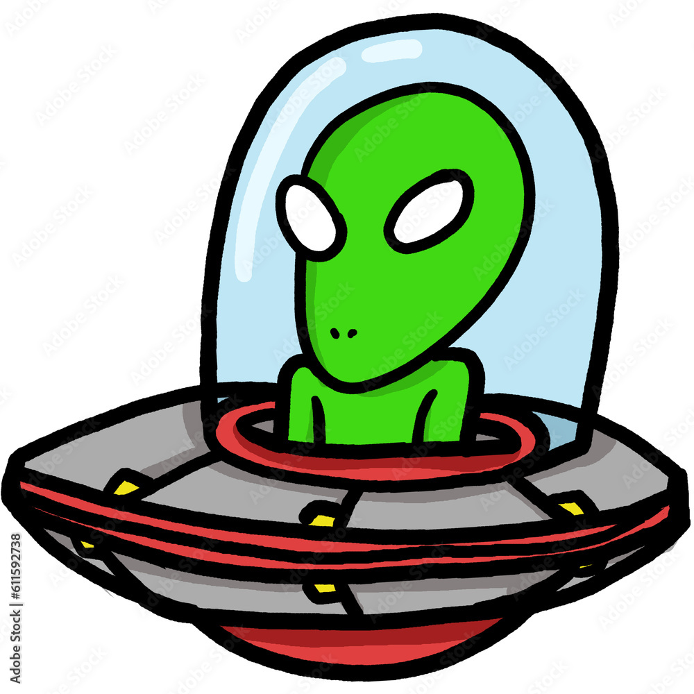 green alien cartoon with UFO cartoon hand draw style with transparent ...