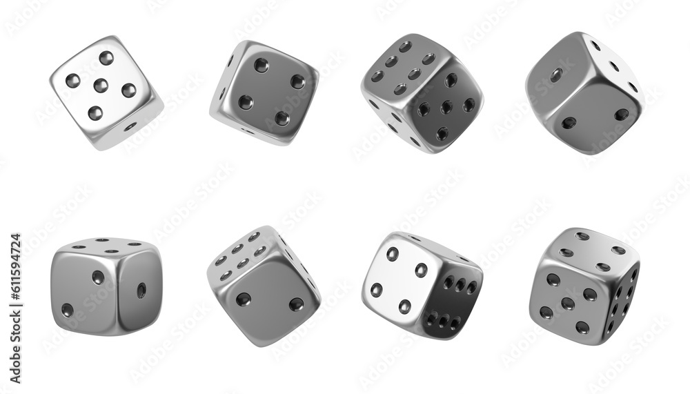 Eight silver dice in half turn showing different numbers on white ...