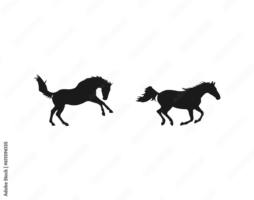 Running horse. Set of black silhouettes. Animal symbol. Stallion ...