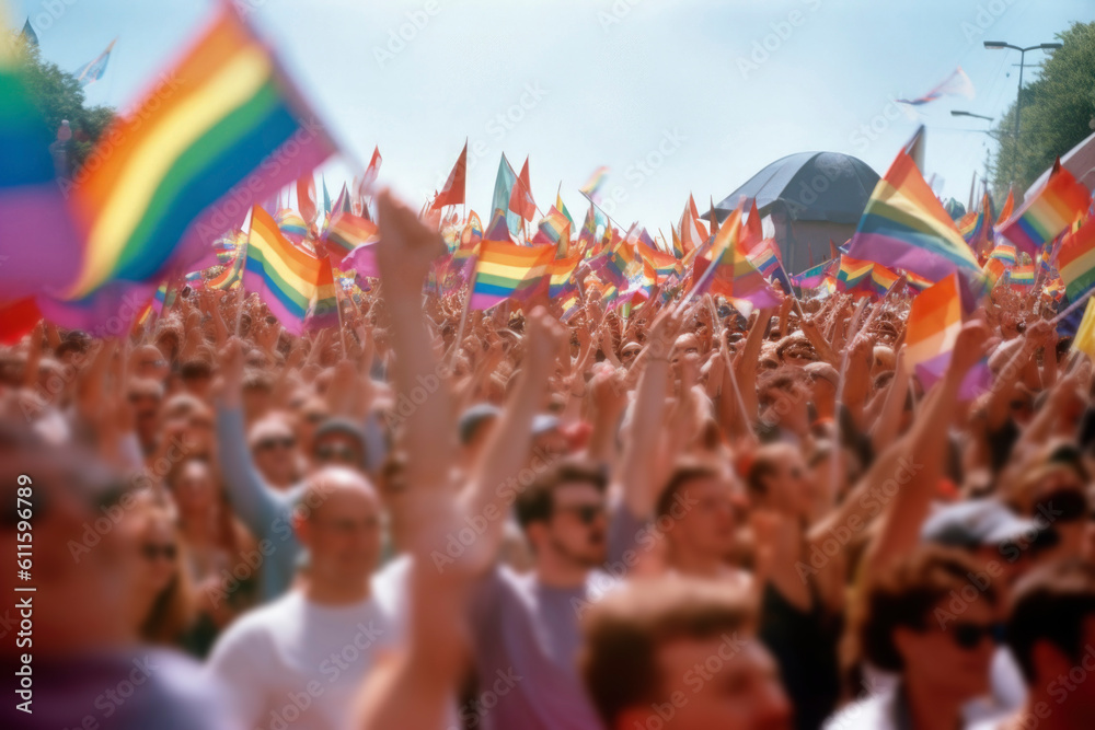 AI generated closeup rainbow flags of LGBT community blowing in wind at ...