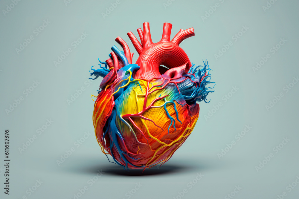 ภาพประกอบสต็อก Color model of a human heart on a blue background. AI ...