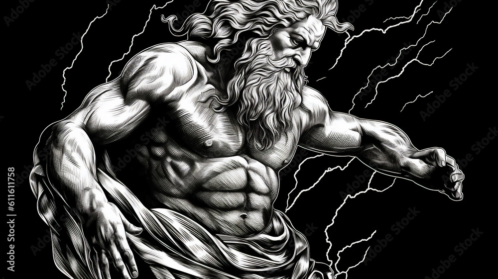 Engraved portrait of Zeus king of the gods on Mount Olympus in Greek ...