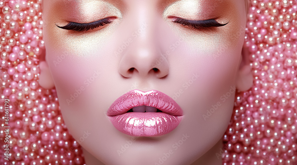 Pink Woman skin. Beauty fashion model girl with Gold Pink metallic make ...