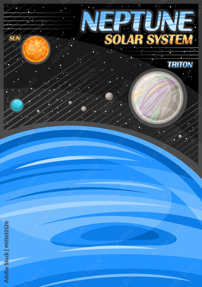 Vector Poster for Neptune, vertical banner with illustration of ...