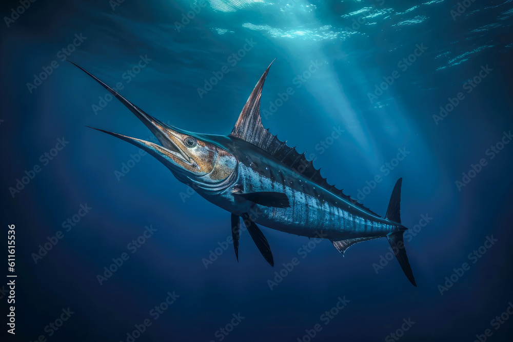 Swordfish gracefully swims beneath the ocean surface. Generative AI ...