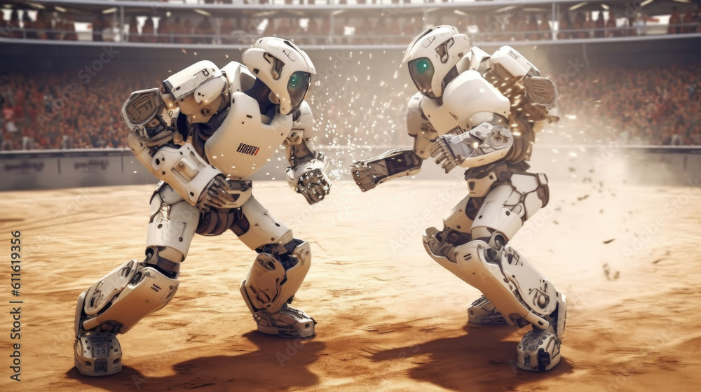 Two Modern robots fight in the arena, entertainment, boxing and wrestling, conflict and war ...