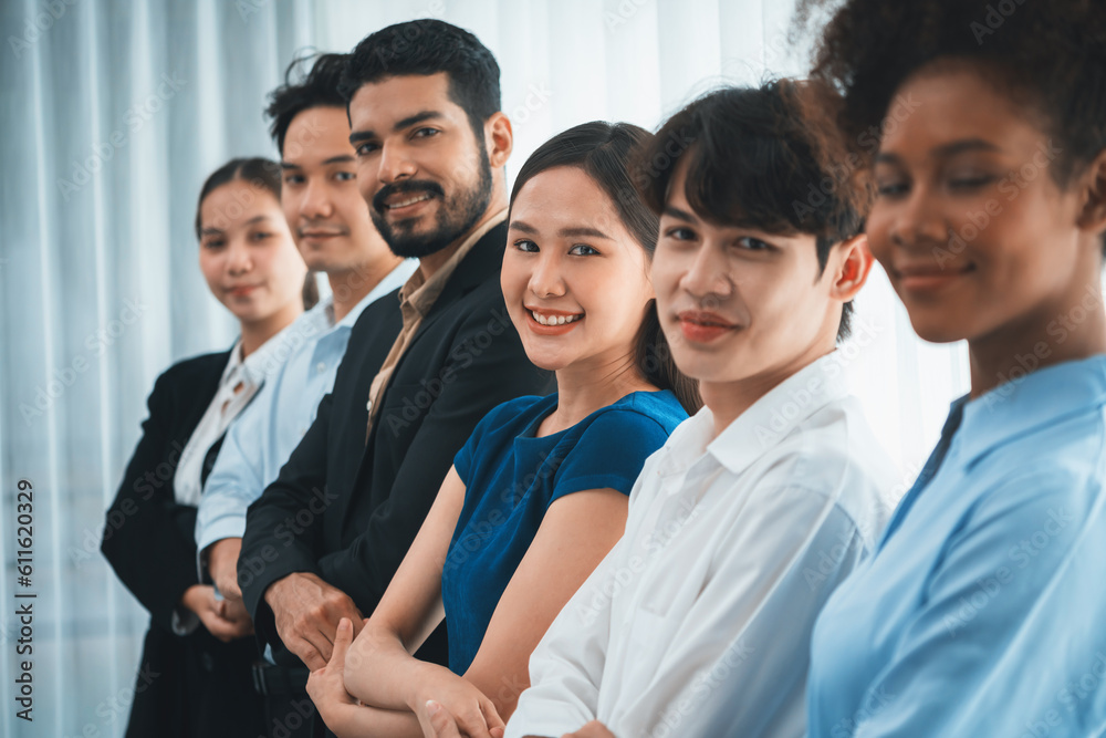 Happy and smiling multiracial office worker hold hand in a line ...