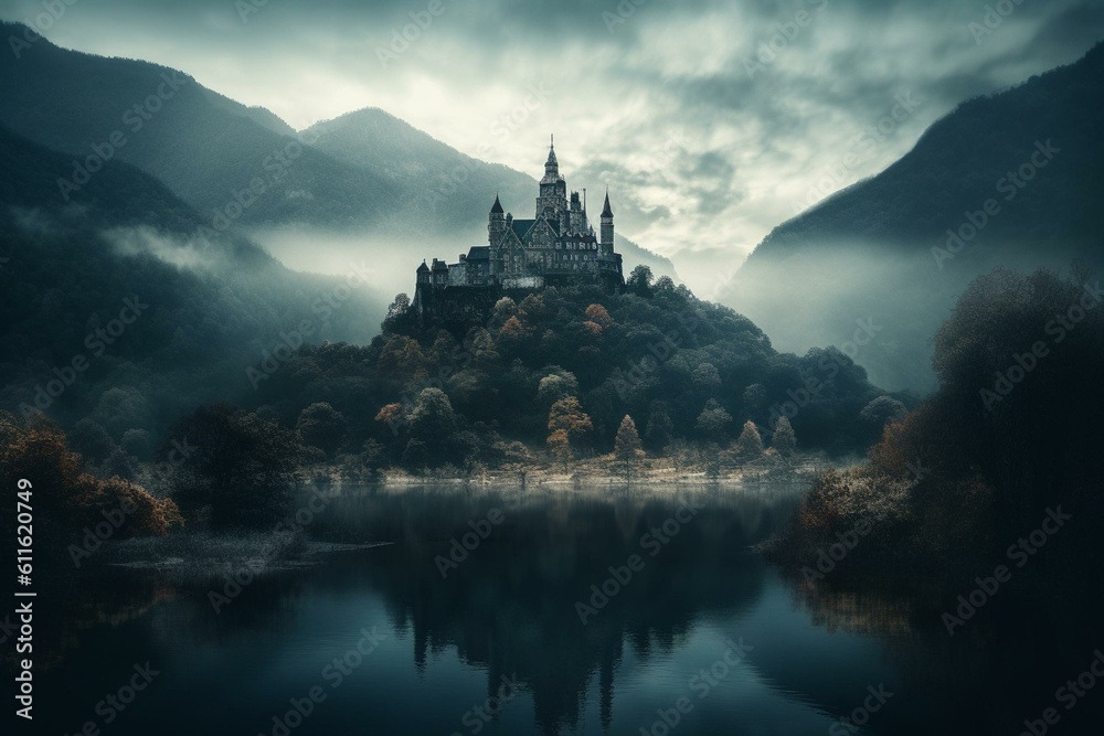 Misty castle, mountain, lake, and village in a dark fantasy wallpaper ...
