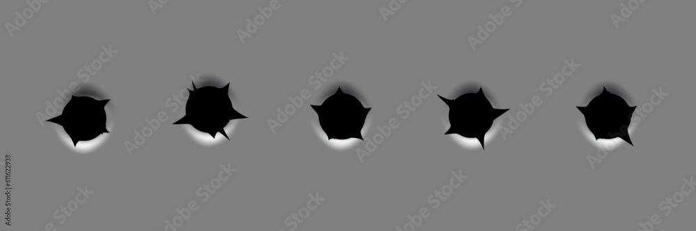 Bullet holes set isolated on grey background. Realistic ragged metal ...