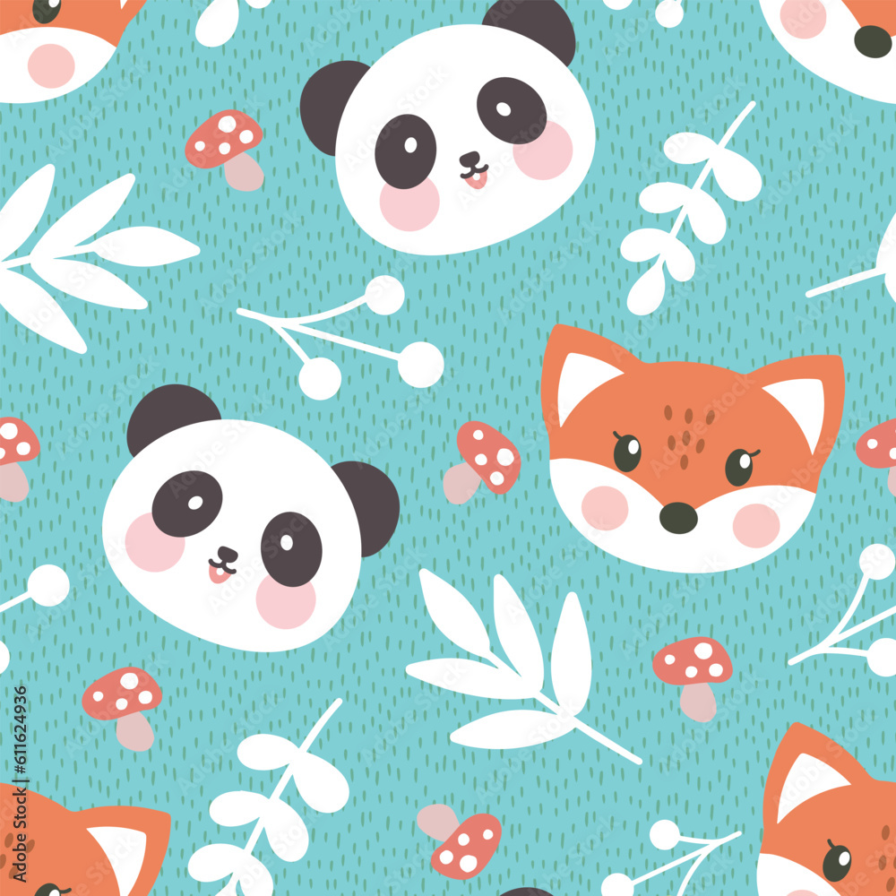 cute panda and fox face on a blue background, colorful asian bear and ...