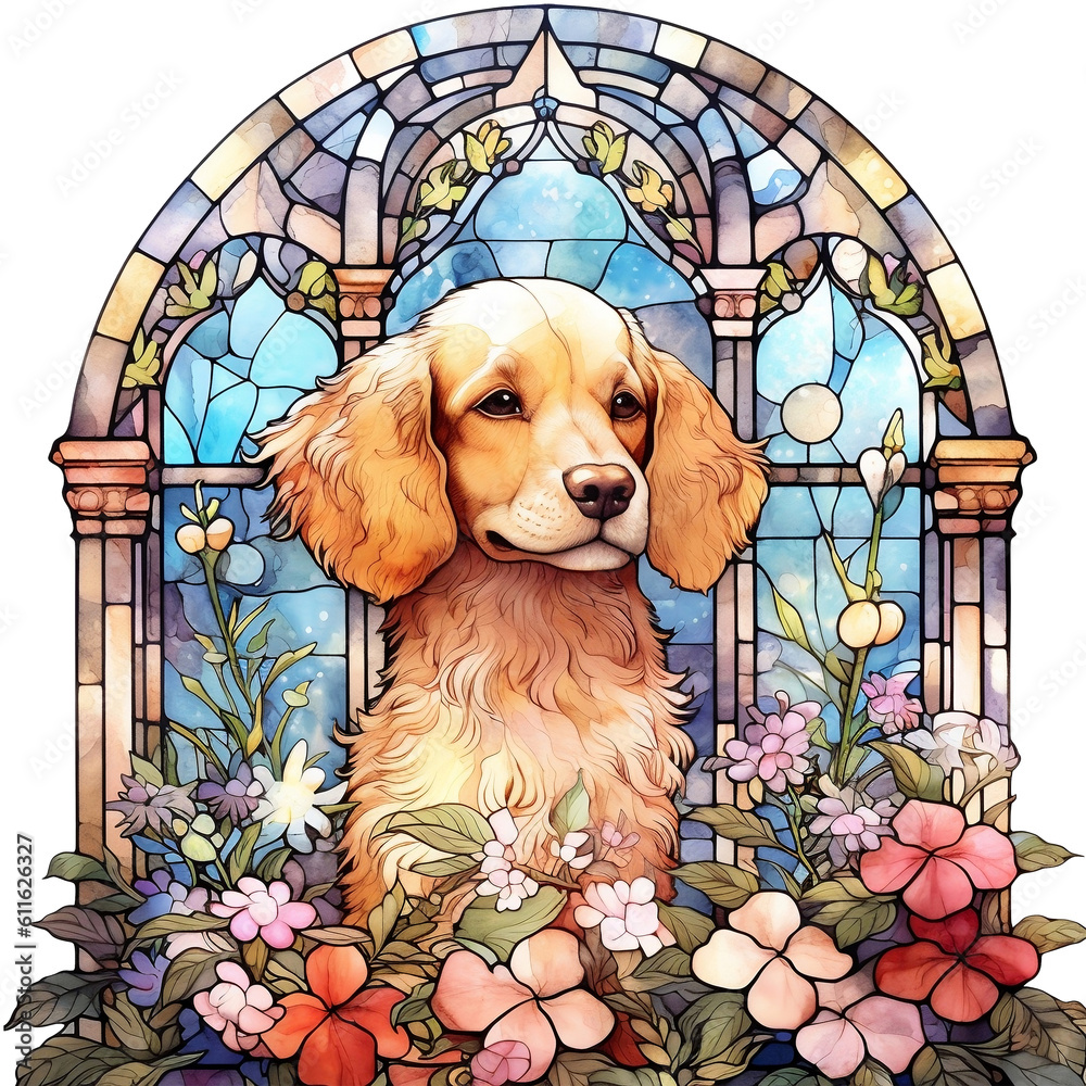 Stained Glass Gothic Dog Watercolor Clipart, Fantasy Dog with Flower ...