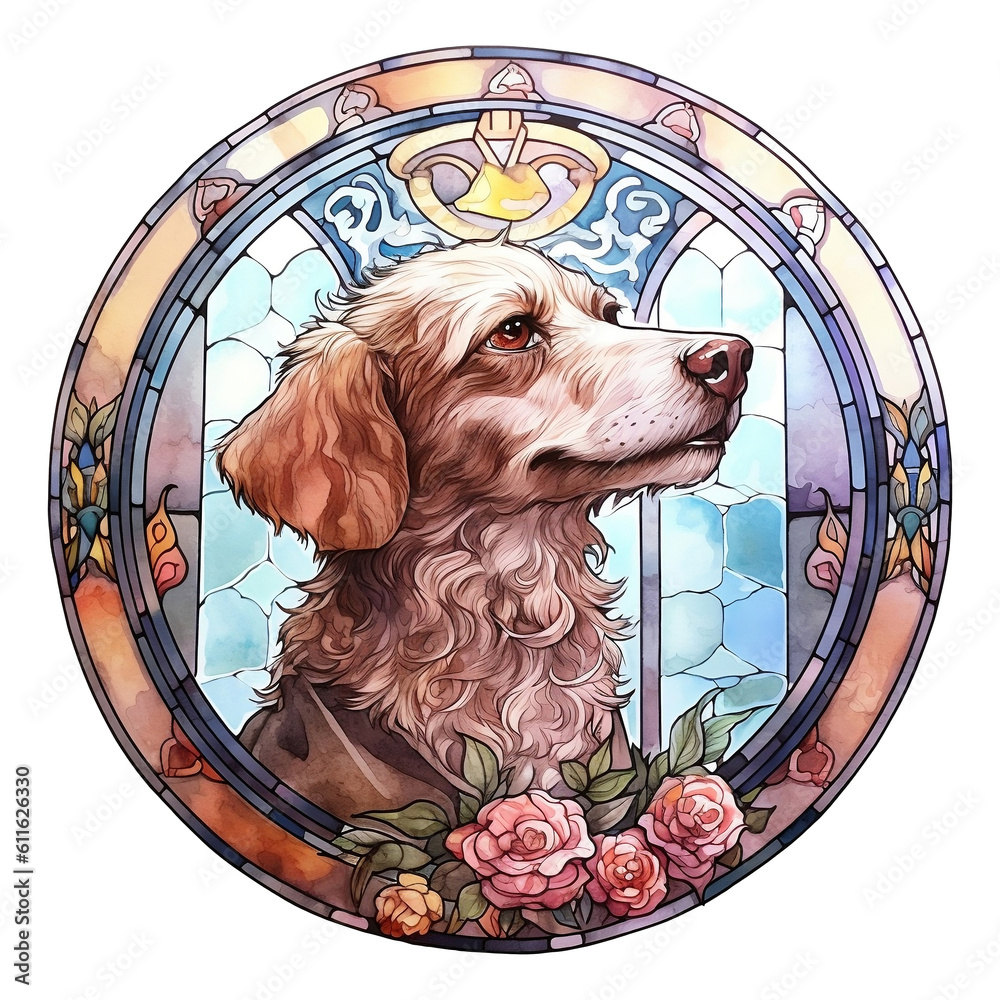 Stained Glass Gothic Dog Watercolor Clipart, Fantasy Dog with Flower ...