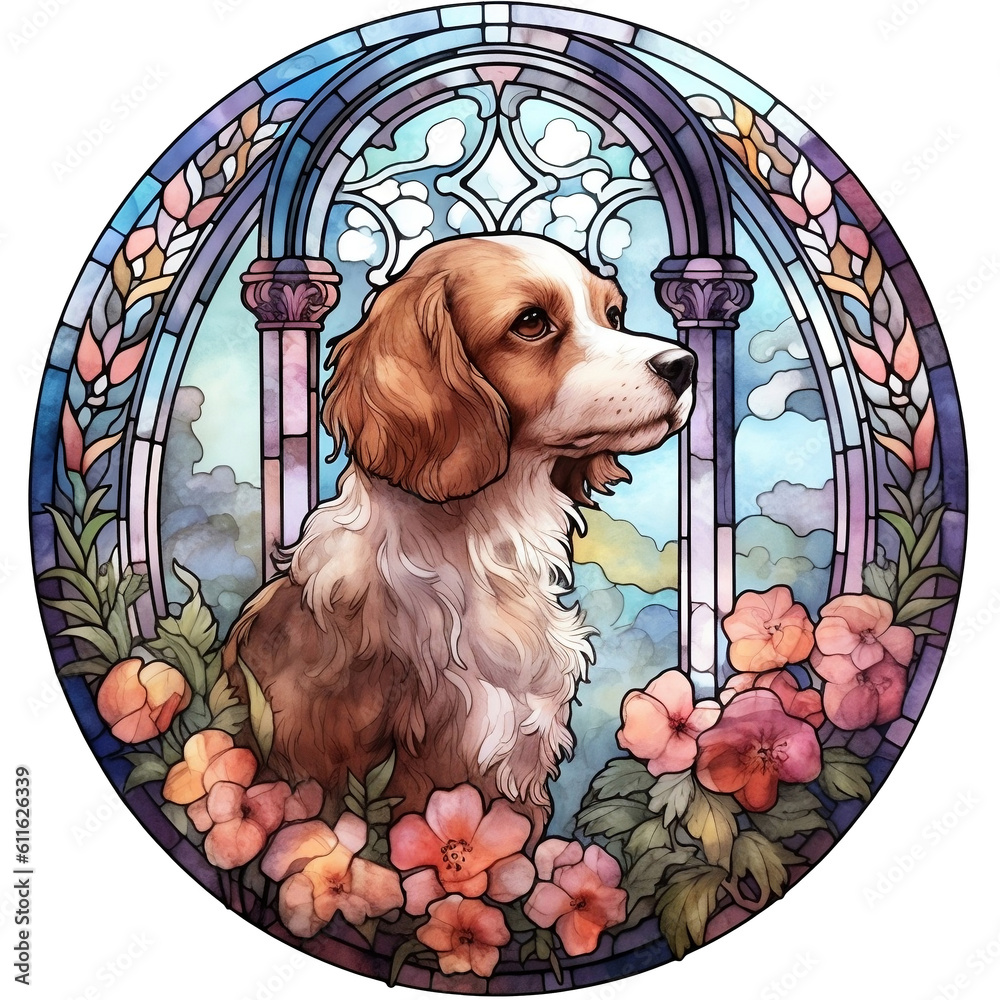 Stained Glass Gothic Dog Watercolor Clipart, Fantasy Dog with Flower ...