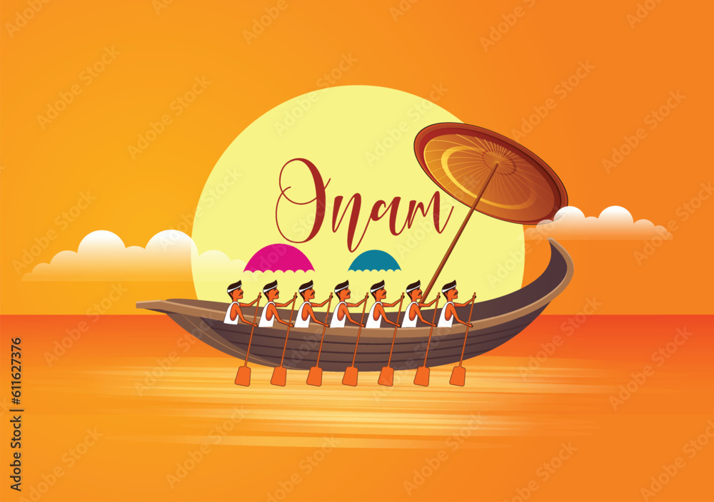Vetor de Happy Onam Festival concept with rowing a snake boat during ...