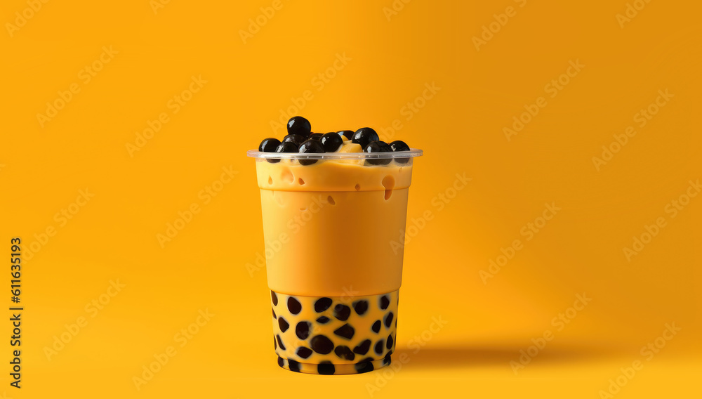 ภาพประกอบสต็อก Bubble Tea on yellow background. Glass of bubble tea ...