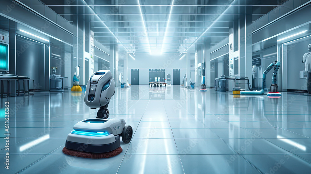 Robot cleans big room, office or laboratory. Professional robot cleaner ...