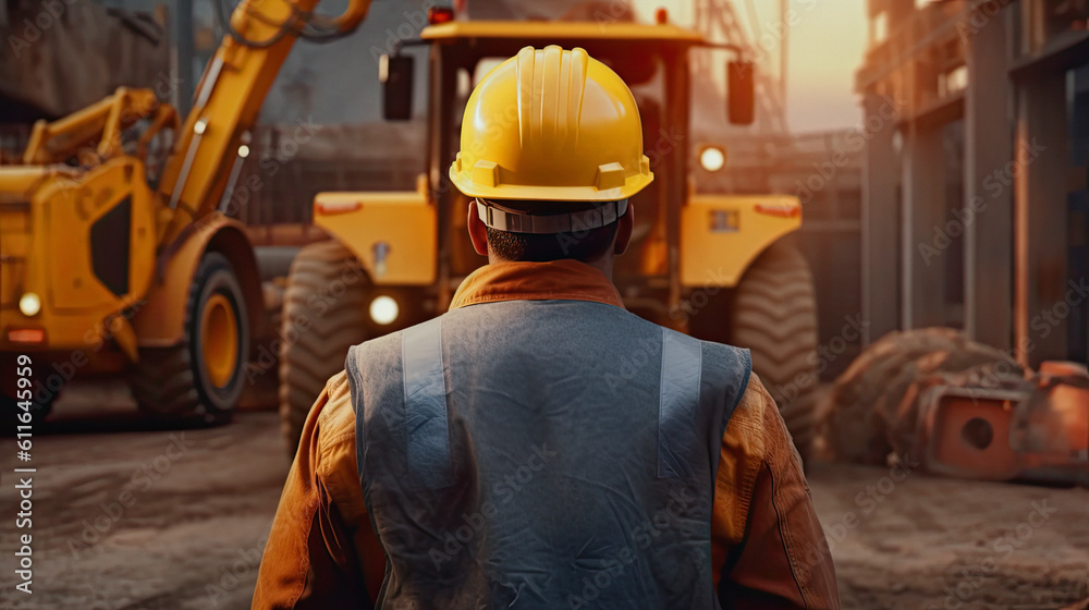 rear view of the construction worker engineer head which is wearing the ...