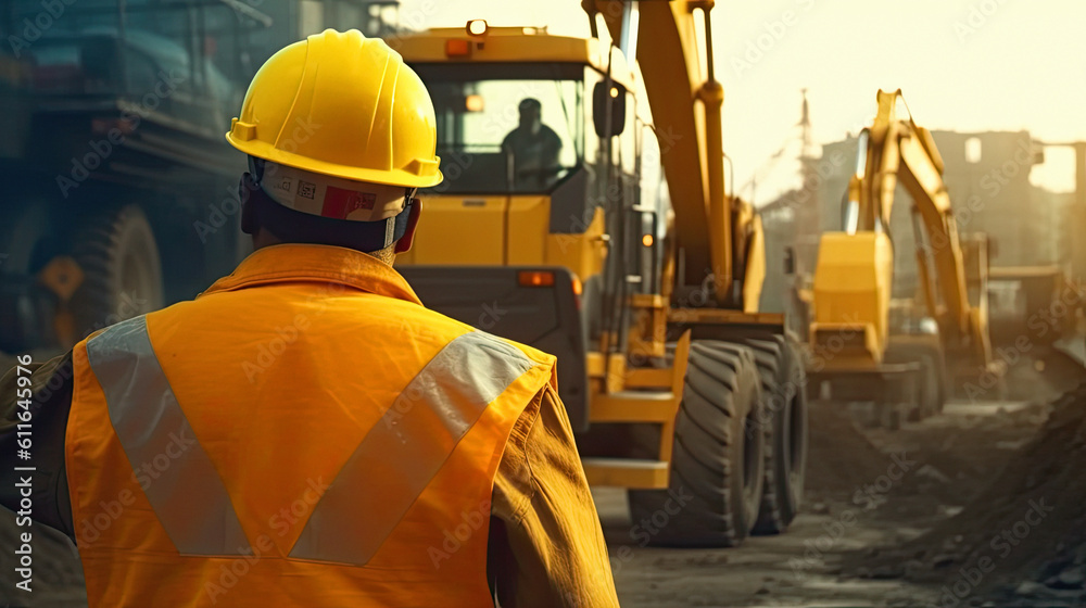 rear view of the construction worker engineer head which is wearing the ...
