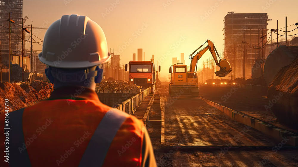 rear view of the construction worker engineer head which is wearing the ...