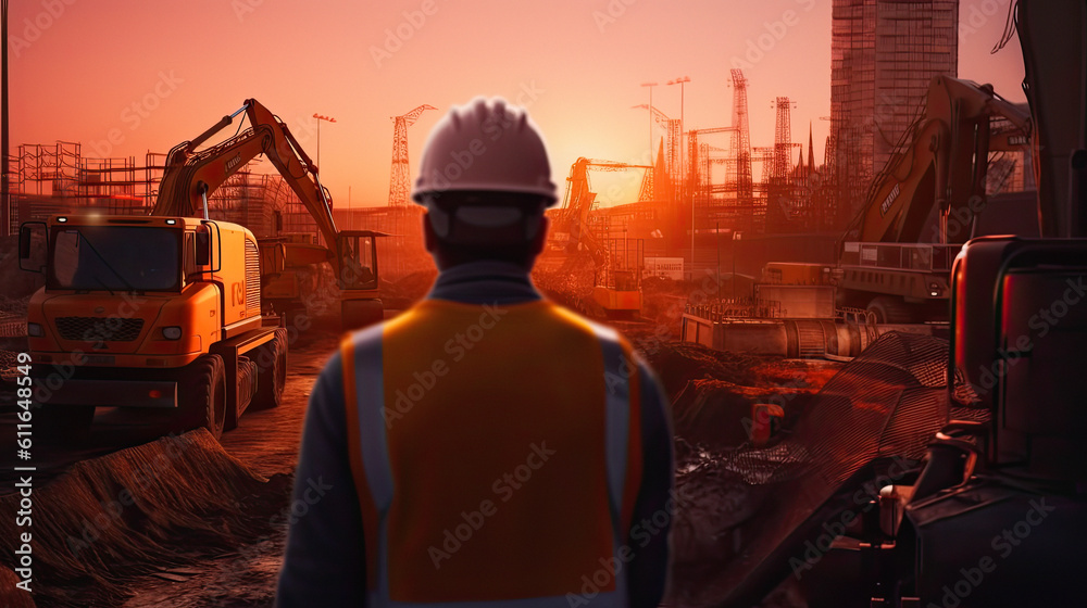 rear view of the construction worker engineer head which is wearing the ...