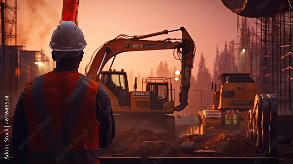 rear view of the construction worker engineer head which is wearing the ...