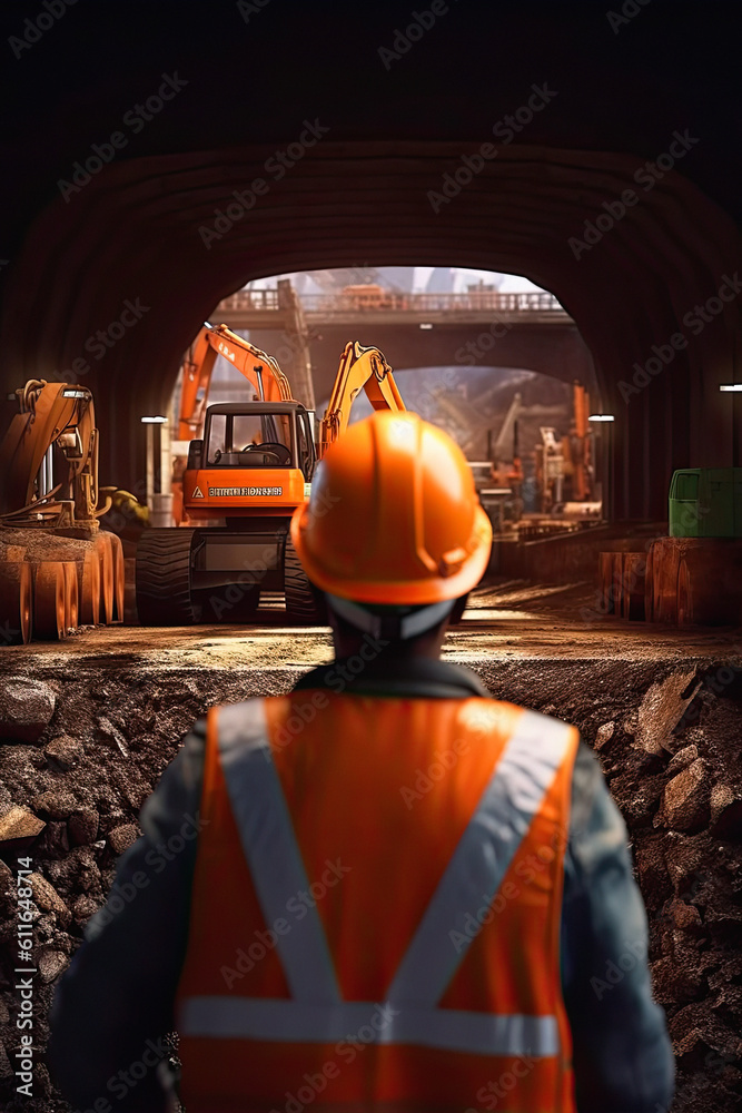 rear view of the construction worker engineer head which is wearing the ...