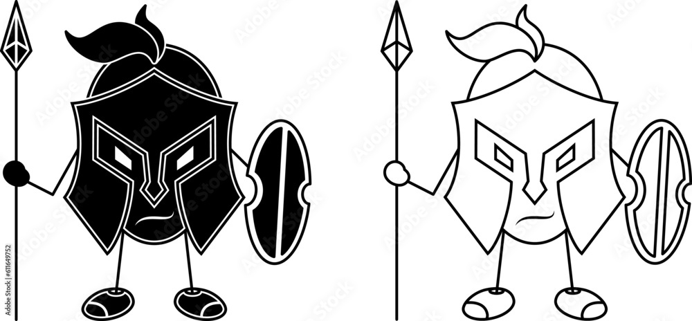 black and white spartan cartoon illustration standing straight holding ...