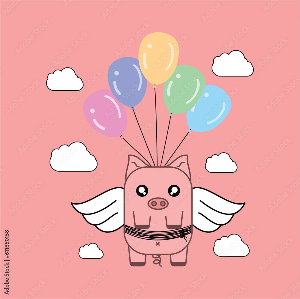 This flying pig illustration in a vector design, illustration, and line ...