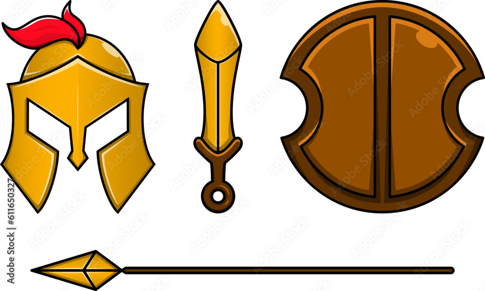 spartan weapon equipment collection. helmet, spear, sword, shield. use ...
