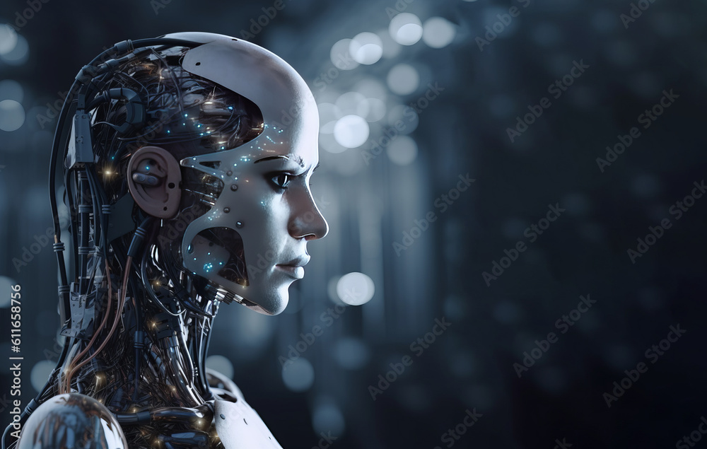Side view of female robot with wires inside of head looking away in ...
