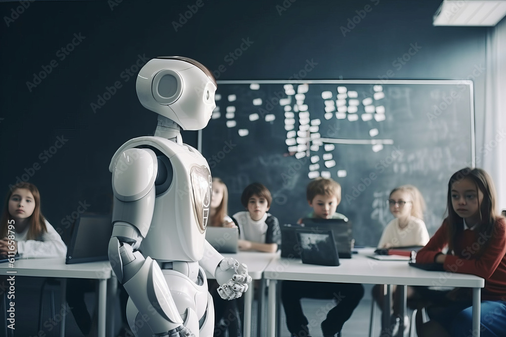 Futuristic humanoid robot teaching group of attentive little children ...