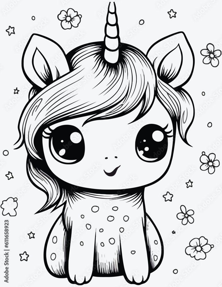 Unicorn coloring page for kids, Cute kawaii unicorn coloring page ...