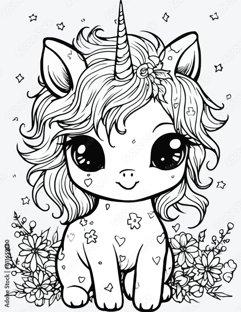 Unicorn coloring page for kids, Cute kawaii unicorn coloring page ...