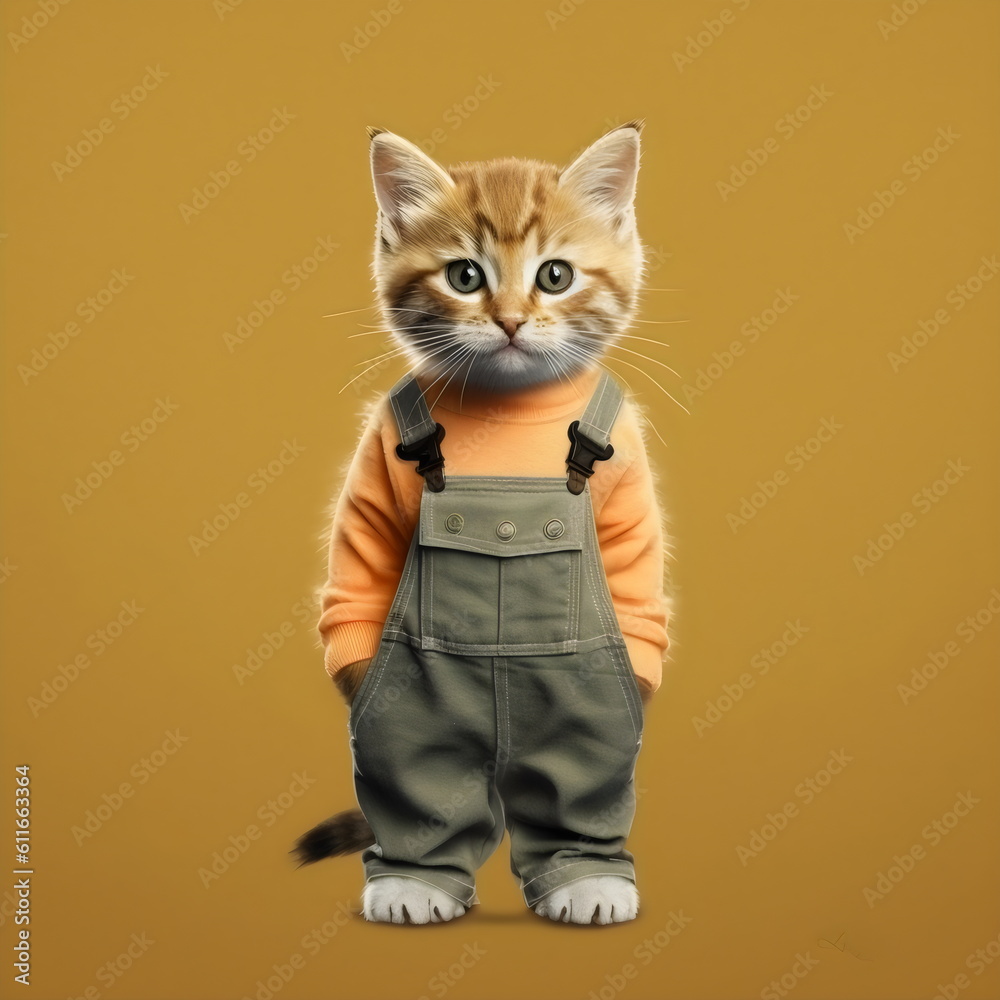 ginger cat standing wearing overalls on plain mustard background ...