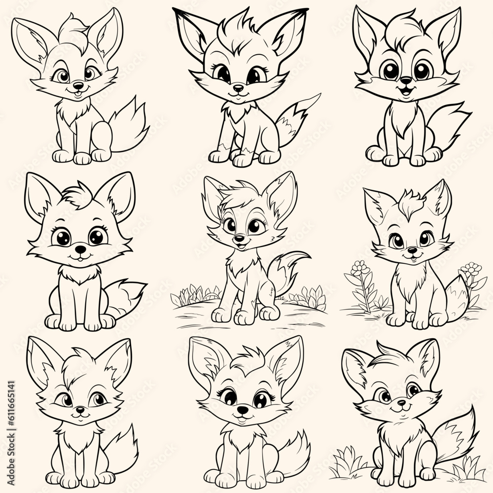 Animals collection set pack of foxes coloring page for children.Сartoon ...