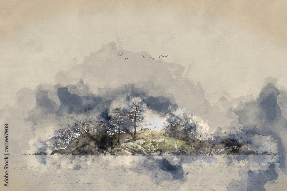 Digital watercolour painting of Peaceful Winter sunrise landscape over ...