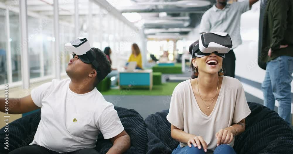 People, vr glasses and tech startup with teamwork, innovation and ...