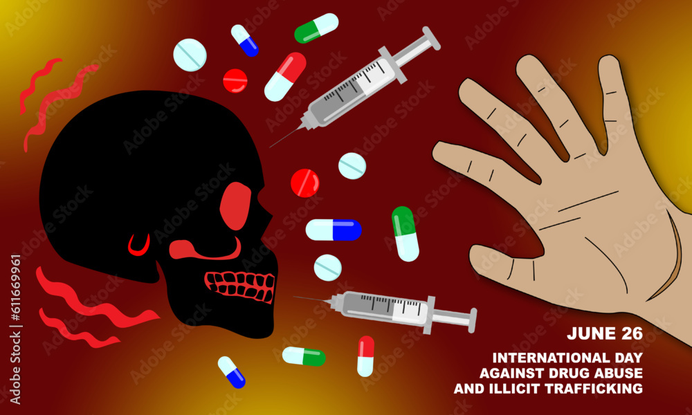 silhouette of black skull with drugs and syringe and hand with STOP ...