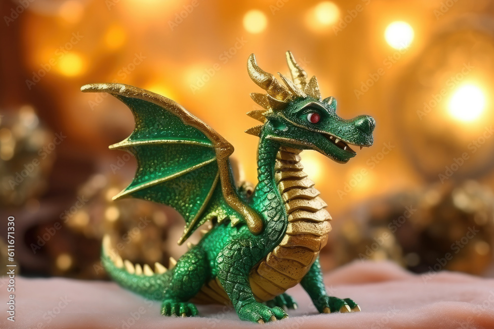 Statuette of a green wooden dragon against a background of golden festive bokeh.Symbol of 2024 ...
