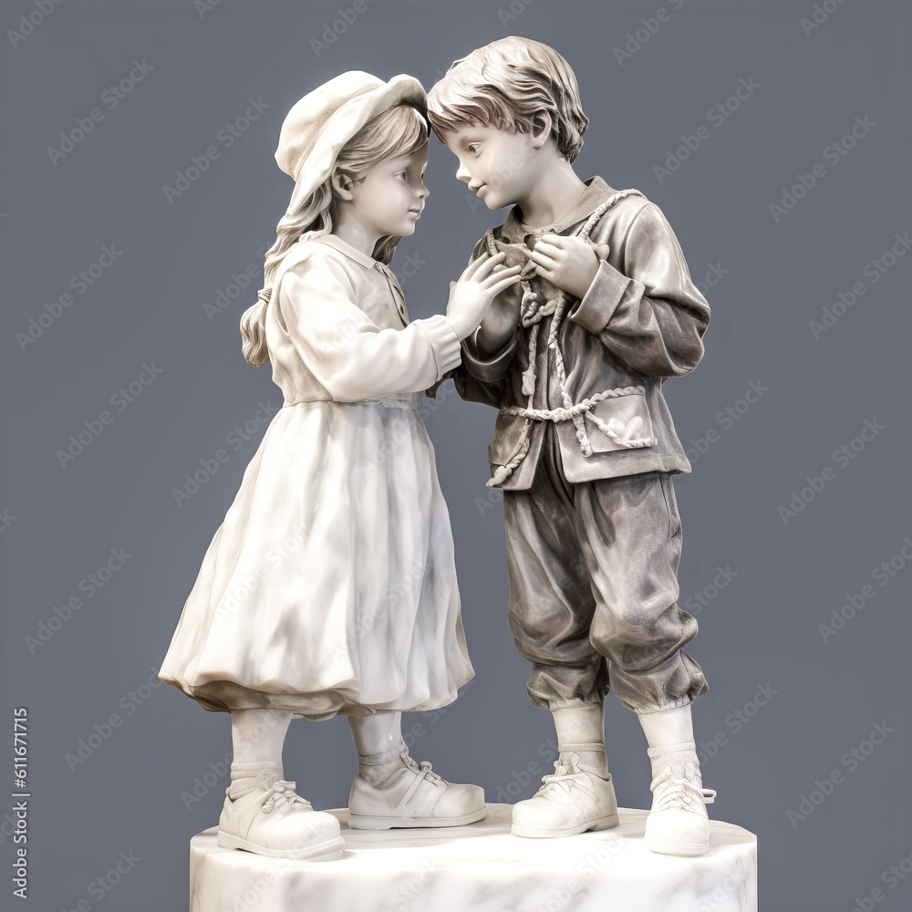 A statue of two children, a boy and a girl, standing side by side ...