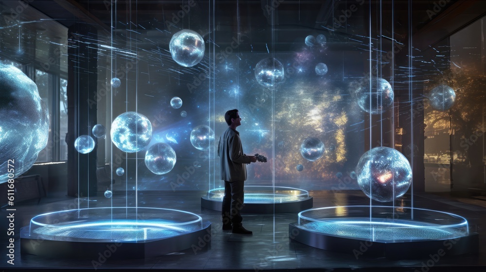 A futuristic scene of floating data orbs and interactive holograms ...
