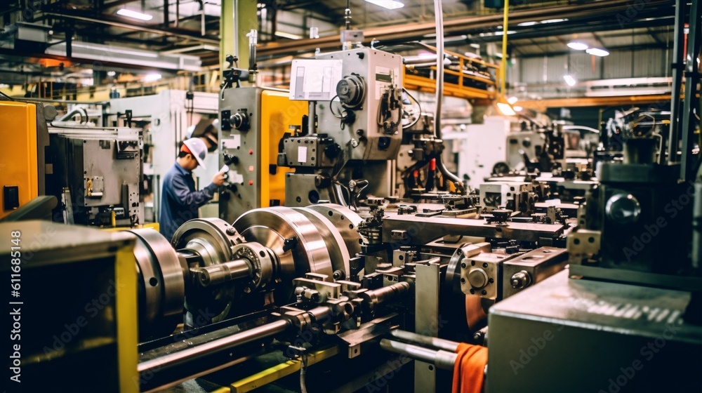 Machinery humming with activity in a busy factory, illustrating the ...