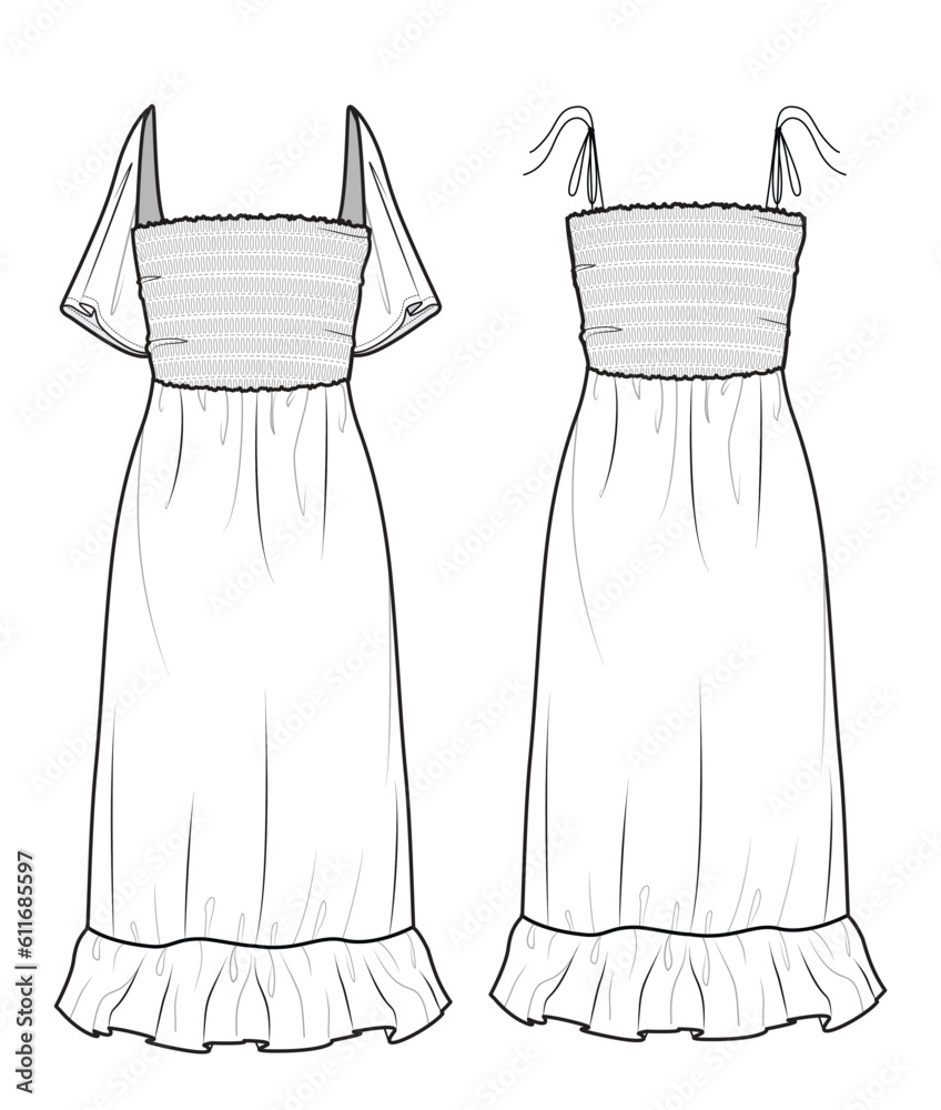 Butterfly Sleeve Smock Dress with Frill Hem, Tie Strap Smocked Dress ...