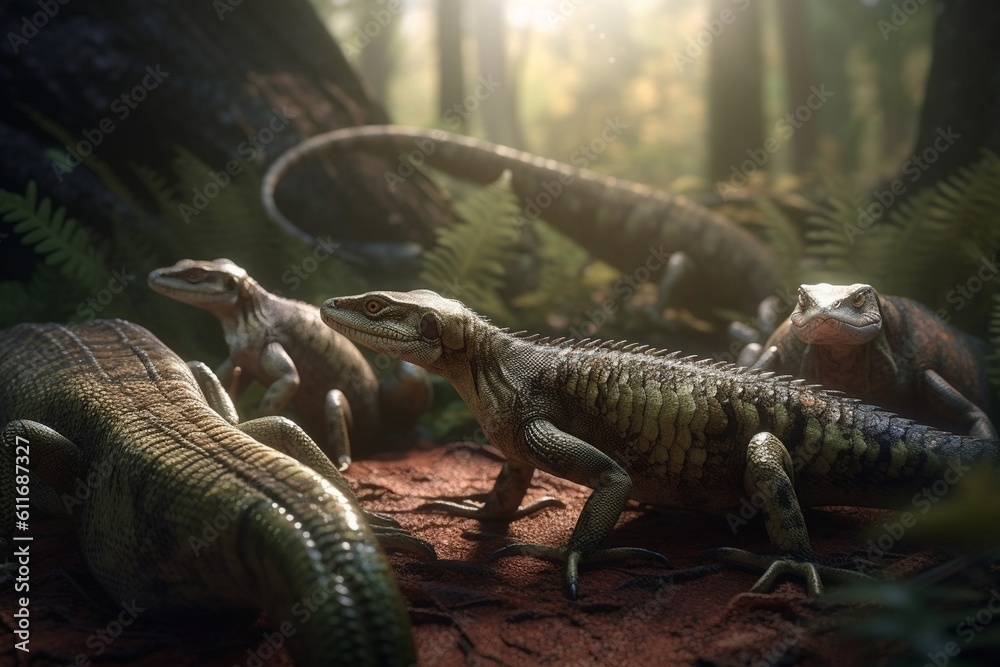 A detailed illustration of a group of reptiles, such as snakes or ...