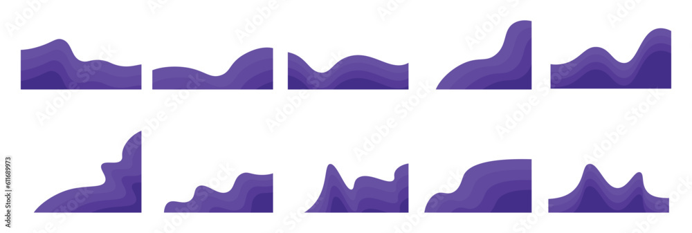 Collection of blue paper cut abstract waves for background banner. Wavy element design for ...