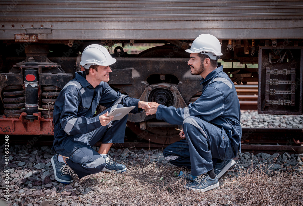 Engineer railway posing hand shake best cooperation inspection ...