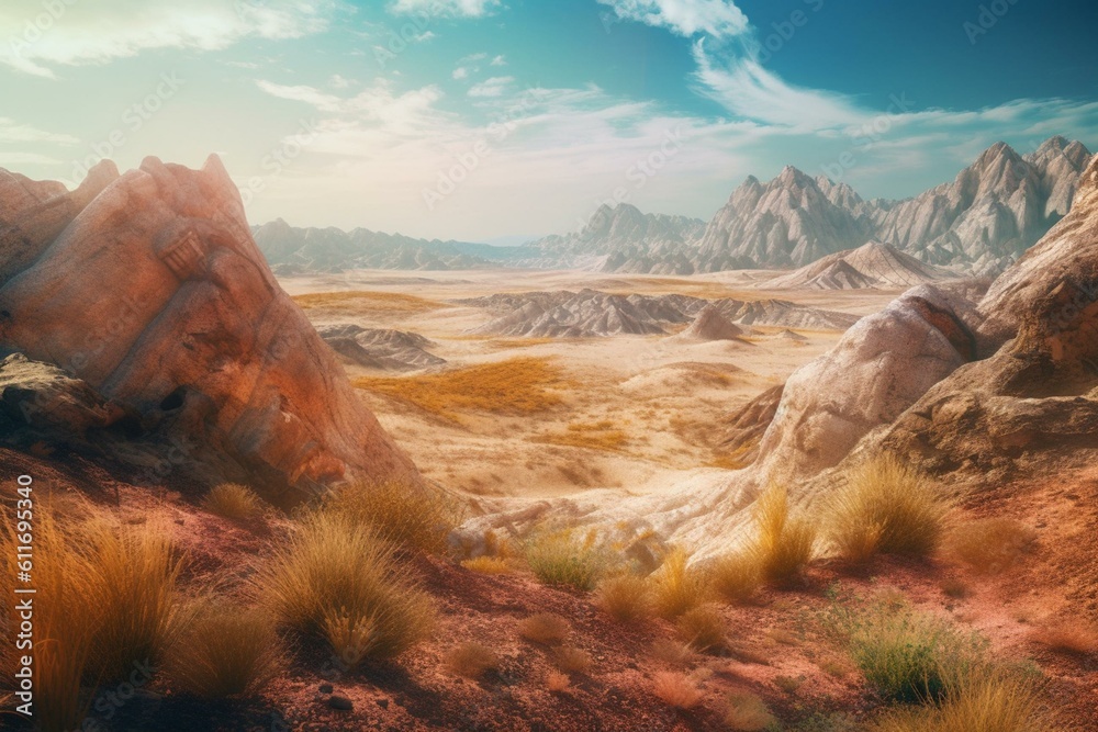 Vibrant fictional land with arid terrain and peaks crafted by ...