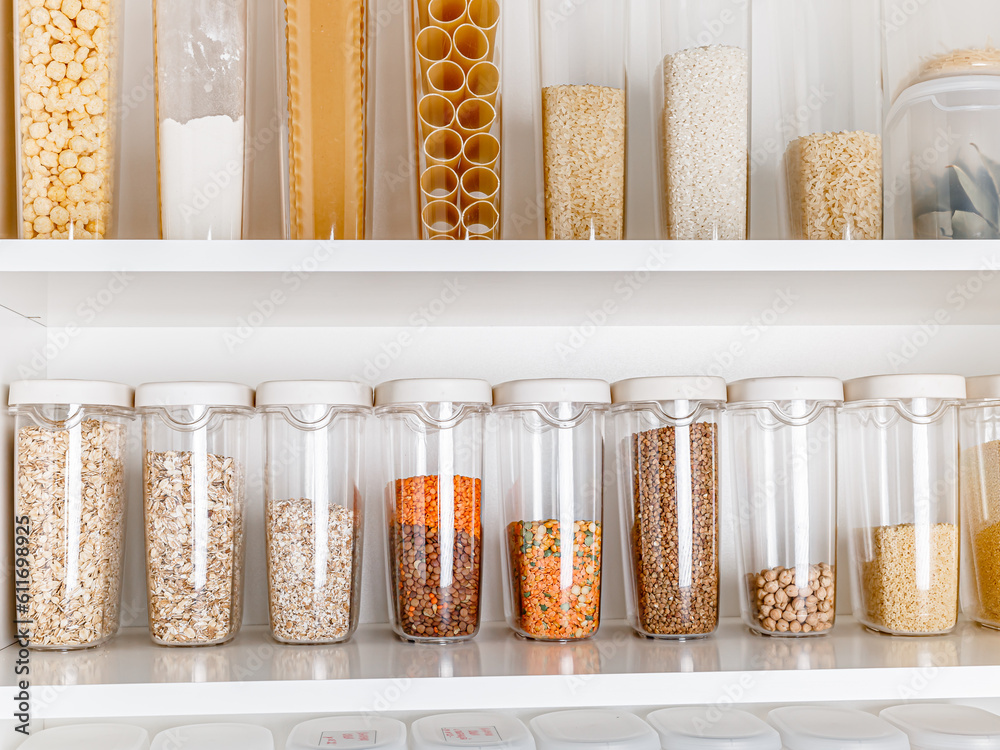 Stocked kitchen pantry with food. The organization and storage in a ...