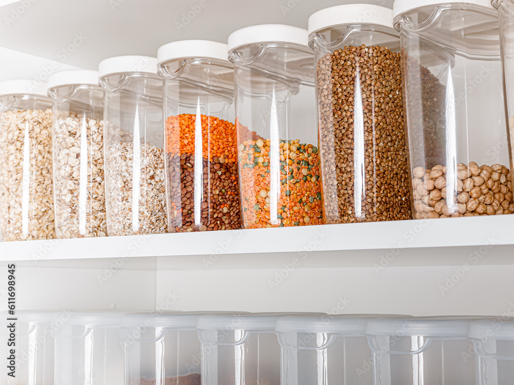 Stocked kitchen pantry with food. The organization and storage in a ...